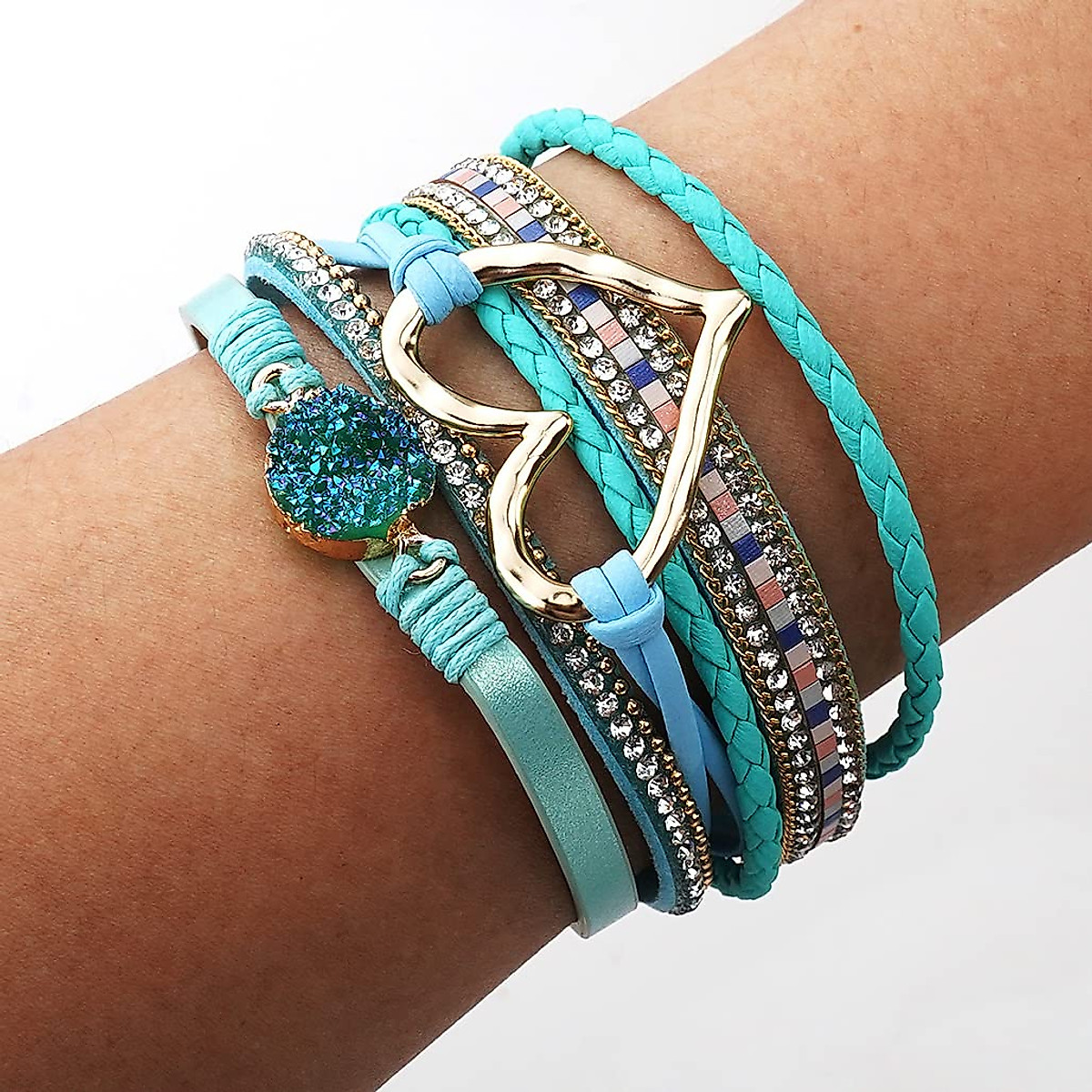 Suyi Multilayer Leather Wrap Bracelet Wide Cuff Bracelets for Women Heart-shape Light Blue