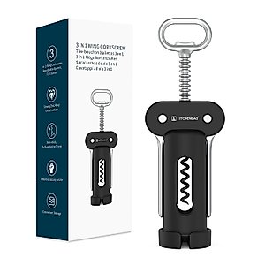 KITCHENDAO 3 in 1 Wing Corkscrew Wine Bottle Opener with Foil Cutter, Built-in Beer Bottle Opener, Multifunctional Wine Opener with Non-Stick Sharp Screw,Easy to Use, Manual Wine Corkscrew，Black