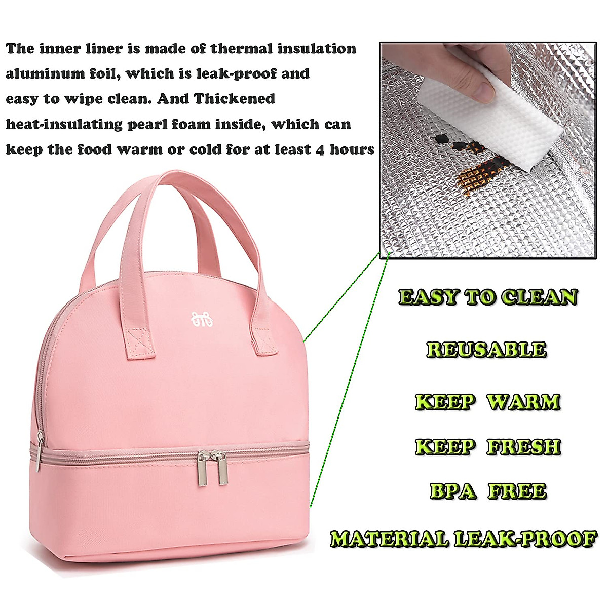 Lovyan Insulated Lunch Bag Double Deck Simple Bento Cooler Bag Water-resistant Lunch Tote Bag for Lunch Box for Women Men Adult Picnic Working Hiking Beach (Pink)