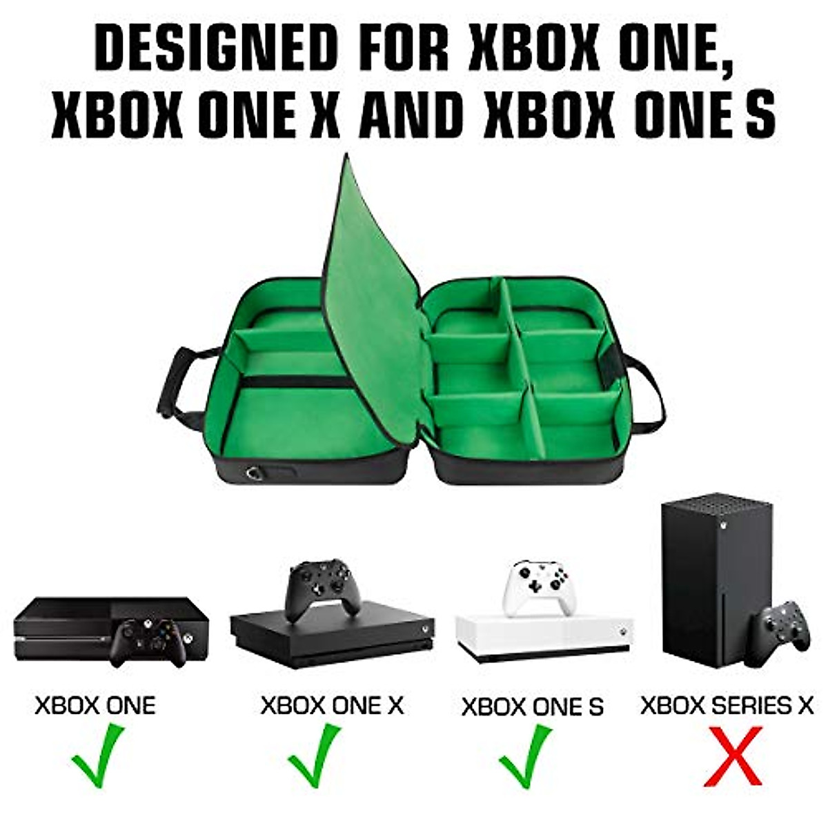 USA GEAR Console Carrying Case - Xbox Travel Bag Compatible with Xbox One and Xbox 360 with Water Resistant Exterior and Accessory Storage for Xbox Controllers, Cables, Gaming Headsets - Green