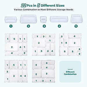 Kootek 22 Pcs Desk Drawer Organizer Set 5-Size Bathroom Drawer Tray Dividers Versatile Storage Bins Plastic Vanity Trays Organizers Divider Container for Dresser Makeup Kitchen Utensil Office