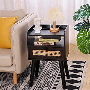 EOYUTLLY Nightstand with Charging Station Side Table with Rattan Drawer Storage, Bedside Table with USB Ports Modern Wooden End Table for Living Room, Bedroom and Small Space, Black