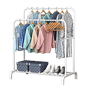 YAYI Clothes Rack Heavy Duty Clothes Rail Metal Garment Rail with Two Top Rod and Lower Storage,White