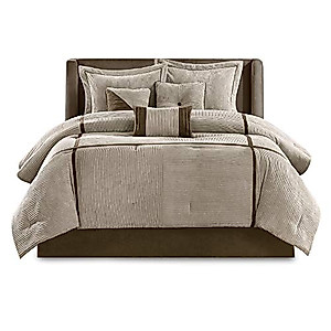 Madison Park Cozy Comforter Set Casual Blocks Design All Season, Matching Bed Skirt, Decorative Pillows, King (104 in x 92 in), Dallas Taupe/Brown, 7 Piece
