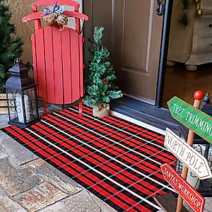 YINLUMY Christmas Buffalo Plaid Outdoor Doormat 23.6” x 51.2 Black/Red Checkered Rug,Cotton Hand-Woven Washable Front Layered Door Mats Reversible Fall Porch Rug for Farmhouse/Entryway/Patio