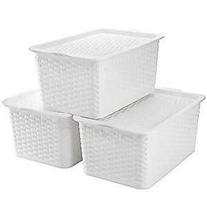 Dicunoy 3 Pack Lidded Storage Bins, Stackable Bathroom Storage Baskets with Lids, Small White Plastic Pantry Organizer with Handle for Kitchen, RV, Lockers, Classrooms, School, Toys, 11" x 7" x 5"