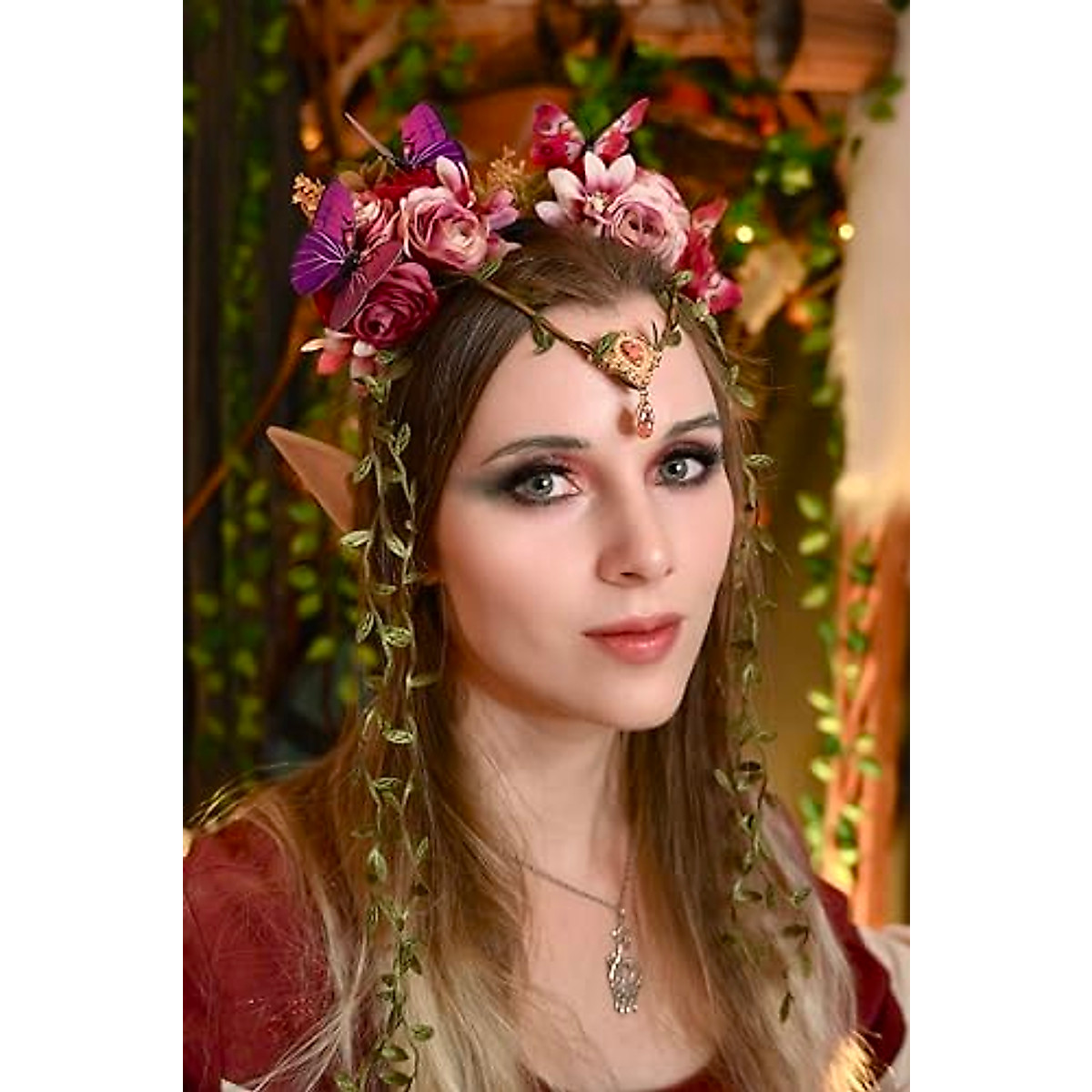 MOSTORY Purple Fairy Flower Crown - Elf Woodland Headpiece Floral Vine Headband Forest Hairband with Butterfly Fairy Costume for Women Renaissance Renfaire Party Cosplay Photo Shoot
