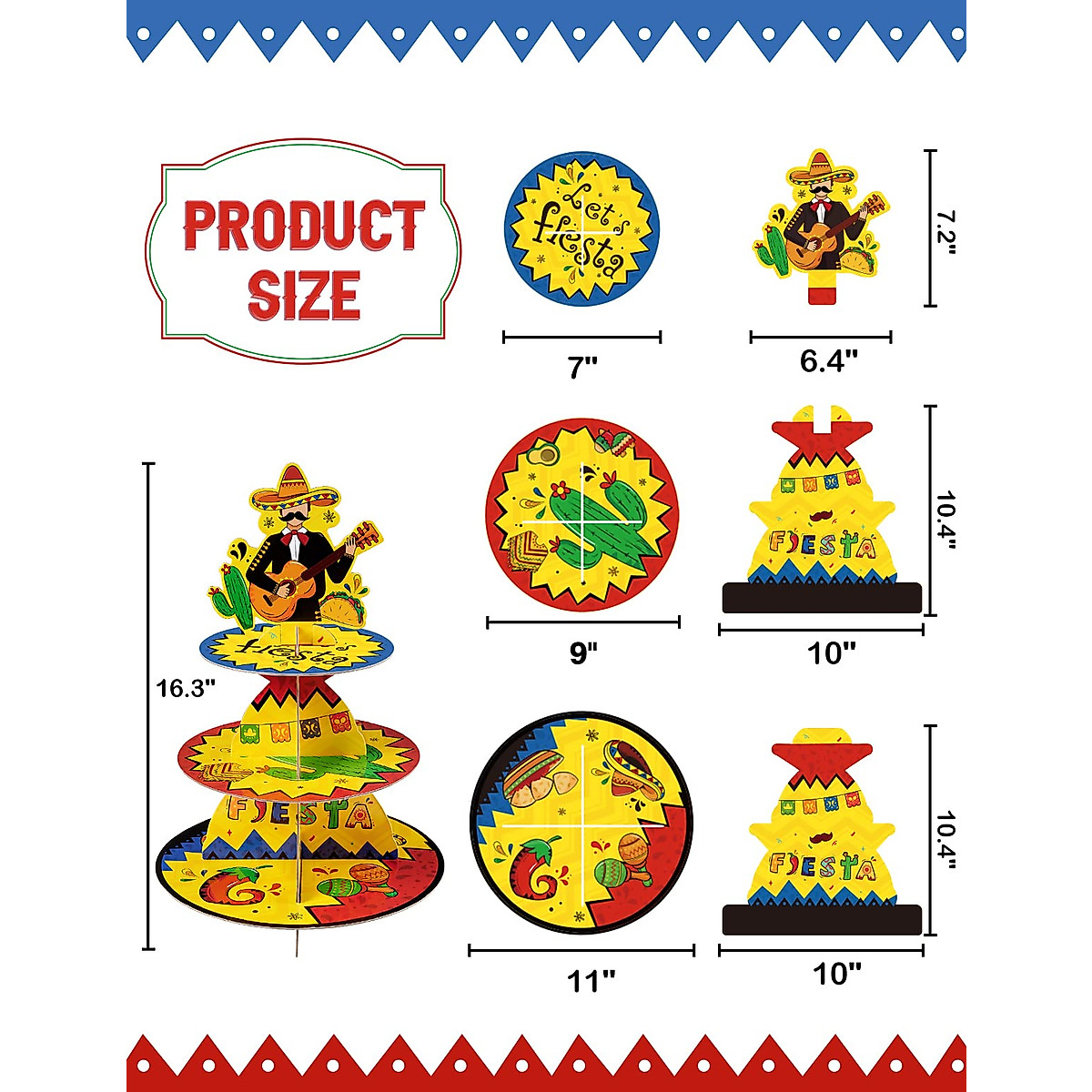 WERNNSAI Mexican Fiesta 3-Tier Cupcake Stand, Yellow, Paper