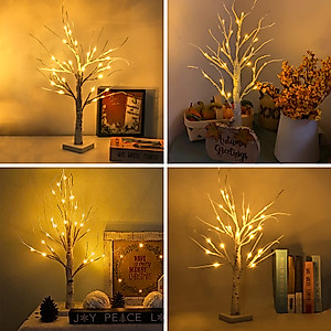 2PK 2FT 24LED Lighted Birch Tree Artificial Branch Tree, Tabletop Christmas Tree Lamp Battery Operated with Timer for Indoor Bedroom Xmas Party Wedding Festival Home DIY Decorations (Warm White)