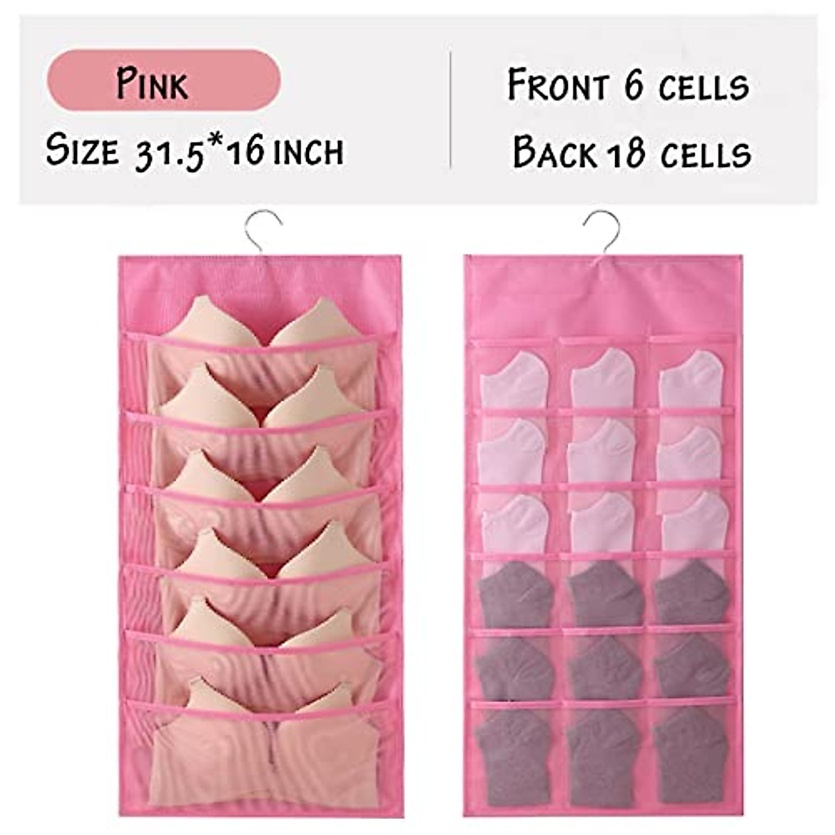 Large Bra holder Organizer Hanging Bra Storage Bra Hanger Especially suitable for sports bra, training bra, socks, baby clothes, shoe,bedroom storage,school dormitory storage(Pink, 1PCS 6+18 Grids)