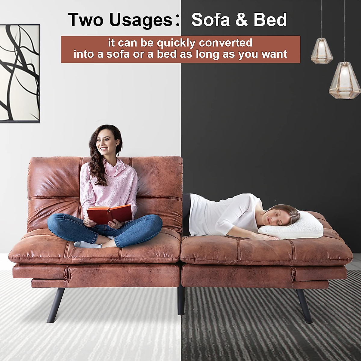 MUUEGM Futon Sofa Bed Faux Leather Memory Foam Couch Futon Sets,Convertible Sleeper Sofa for Living Room,Modern Daybed w/Removable Armrests,Love seat for Compact Living Space,Brown