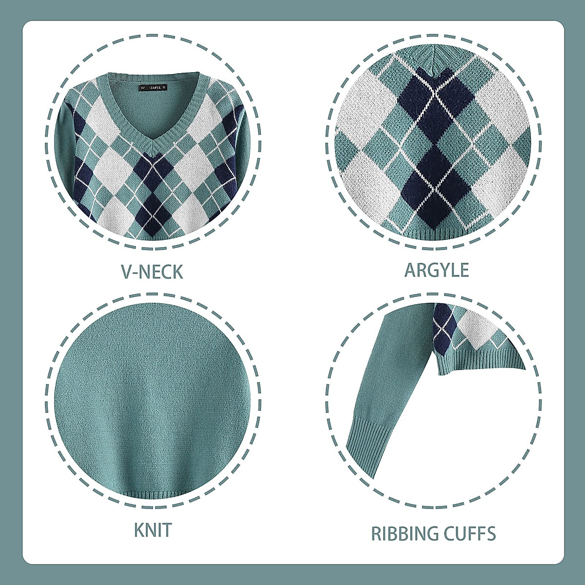 ZAFUL Women's Sweaters Long Sleeve V-Neck Argyle Knitted Crop Sweater Pullover Tops Green