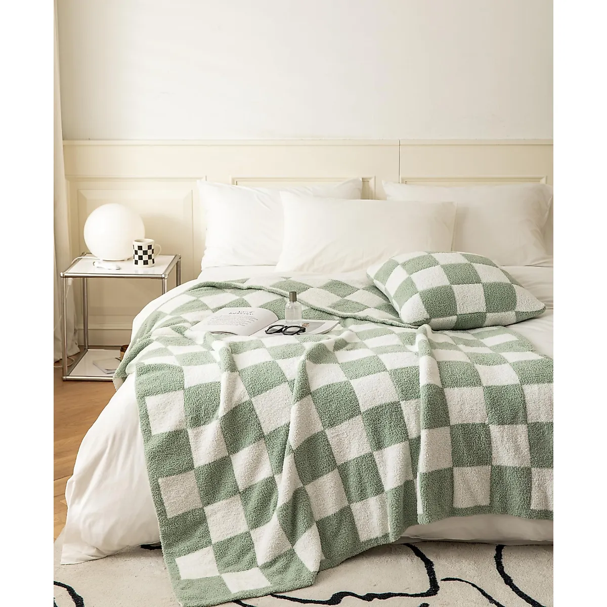 Ultra-Soft Buffalo Checkerboard Grid Fluffy Microfiber Knitted Throw Blanket Super Cozy Lightweight Checkered Bed Blanket for Sofa Couch Bed Matcha 51"X63"