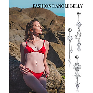 Junkin 20 PCS 14G 316L Stainless Steel Dangle Belly Button Rings Silver Rhinestone Belly Button Jewelry Navel Piercing Belly Jewelry for Women