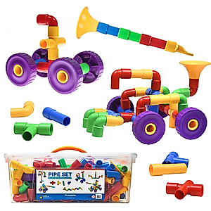 Playlearn Large Size Pipe Tube Blocks for Kids – Fine Motor STEM Toy for All Ages – 128 Pieces