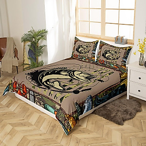 Fishing and Hunting Duvet Cover Camo American Flag Fishing Bedding Set Twin for Teen Boys Men Fishermen,Rustic Big Bass Pike Fish Comforter Cover,Farmhouse Cabin Quilt Cover with 1 Pillow Case