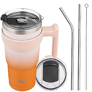 Konokyo 20 oz Tumbler with Handle and 2 Straw 2 Lid, Insulated Water Bottle Stainless Steel Vacuum Cup Reusable Travel Mug,Coral