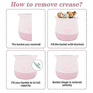 childishness ndup Large Cotton Rope Basket, Woven Storage Basket for Toy, Laundry and Blanket Organizer Basket, Round Hamper Basket with Handles for Kid's Room 17.7"x16.9" (Pink Heart)