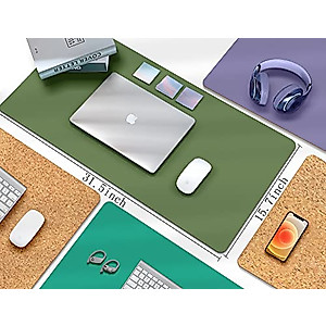 Aothia Office Desk Pad, 31.5" x 15.7" Large Mouse Pads, Cork and PU Leather Dual-Sided Laptop Desk Protector, Writing Pad, Easy to Clean, Waterproof for Office Work/Home/Decor (Deep Green)