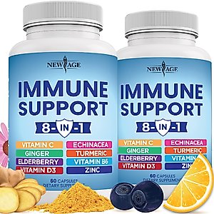 8 in 1 Immune Support Booster Supplement with Echinacea, Vitamin C and Zinc 50mg, Vitamin D 5000 IU, Turmeric Curcumin & Ginger, B6, Elderberry 120 Count (Pack of 2)