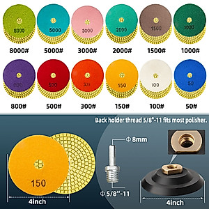 14 Pack 4 Inch Diamond Polishing Pads Kit with 2PCS 5/8’’-11 Backer Pad 12PCS Wet/Dry Polish Pad Set for Drill Grinder Polisher 50-8000 Grit Pads for Granite Marble Stone Concrete Countertop Quartz