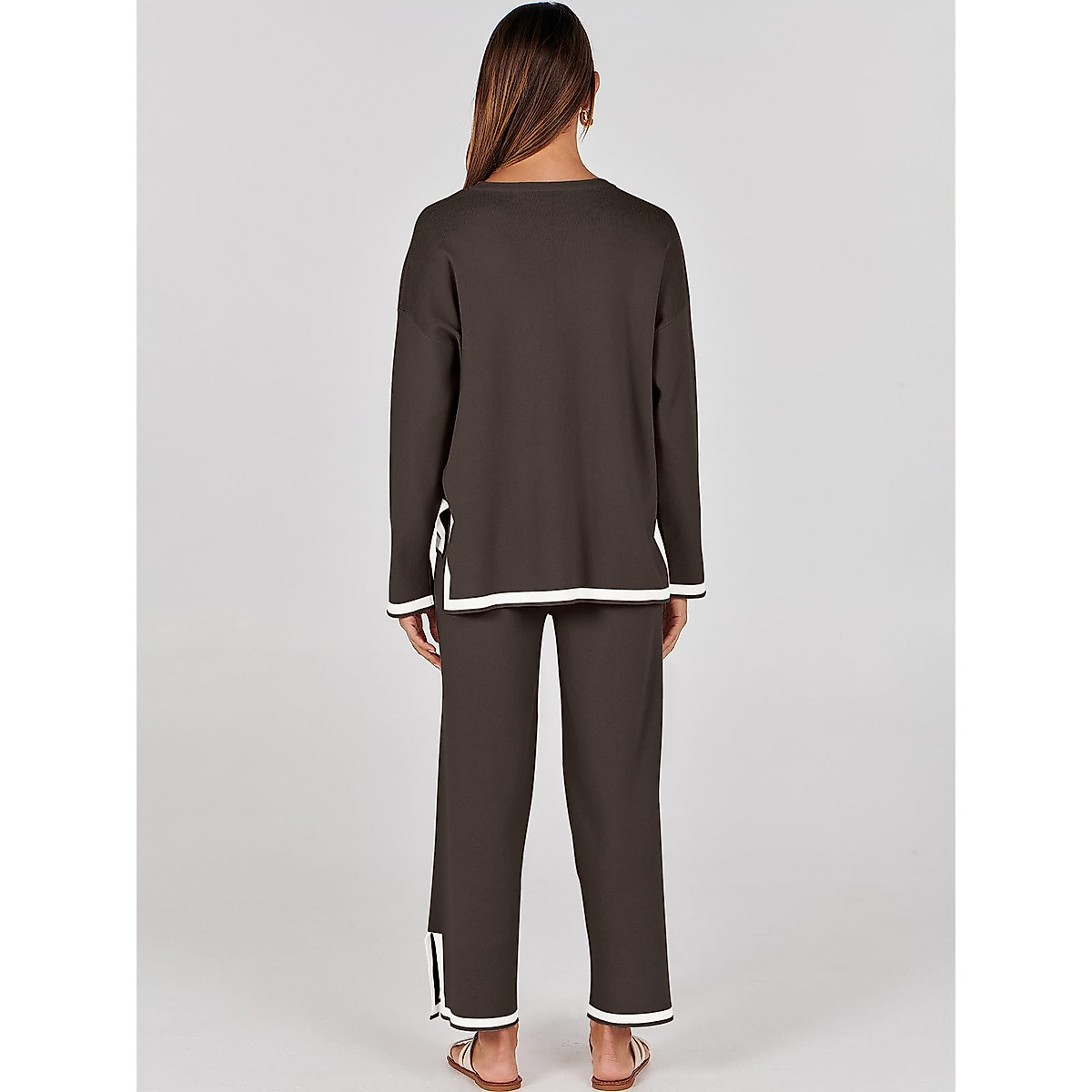 ANRABESS Women's Two Piece Outfits Long Sleeve Knit Pullover Sweater Tops & Wide leg Pants Casual Lounge Matching Sweatsuit Tracksuits Sets Coffee Large