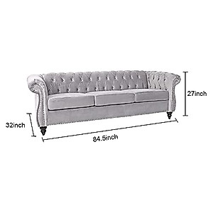 PHOYAL Large Sofa, Velvet Sofa Three-seat Sofa Classic Tufted Chesterfield Settee Sofa Modern 3 Seater Couch Furniture Tufted Back for Living Room (Grey)