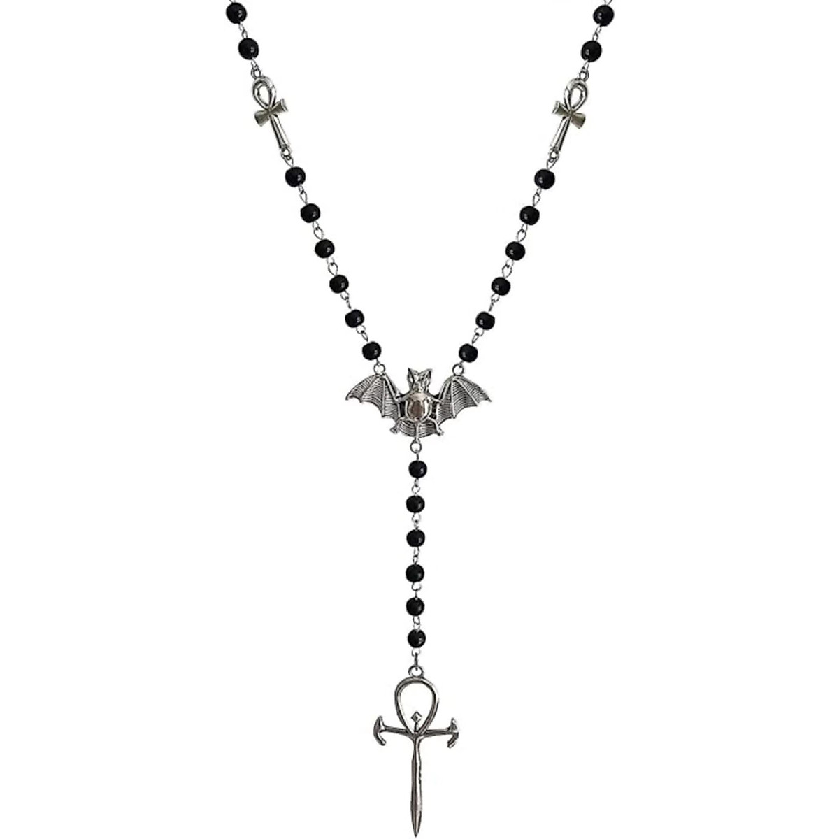 Ankh Cross Bat Necklace Religious Grunge Gothic Vampire Black Long Rosary Beaded Ancient Egyptian Necklace for Women