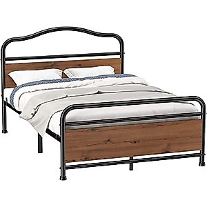 Totnz Queen Size Metal Platform Bed Frame Mattress Foundation with Sturdy Wood Headboard and Footboard No Box Spring Needed Under Bed Storage Steel Slats,Black