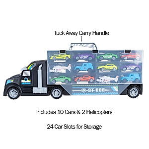 Hey! Play! Car Carrier Semi Truck Toy - 2-Sided Cargo Trailer Holds 24 Vehicles- Includes 10 Cars and 2 Helicopters –Storage Case with Carry Handle