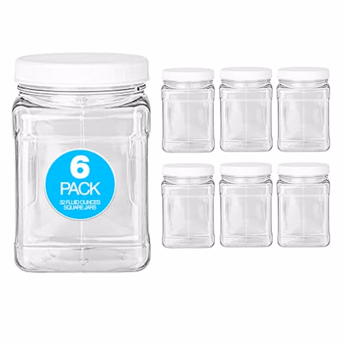 Plastic Jars (32 Fl Ounce - 6 Pack) Square Grip Handle | Clear PET Empty Jar Container Sets with Ribbed White Airtight Lid | Food Storage, Supplies, Snacks, Detergent, Kitchen & Household Storage