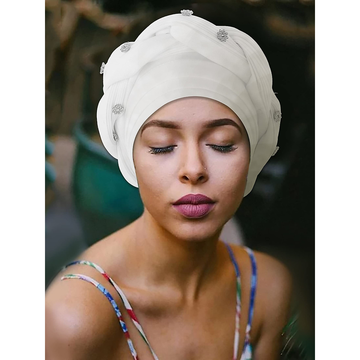 Woeoe Women African Turban Pre-Tied Twisted Beanie Cap Headwear Rhinestone Soft Stretchy Head Turbans (White)