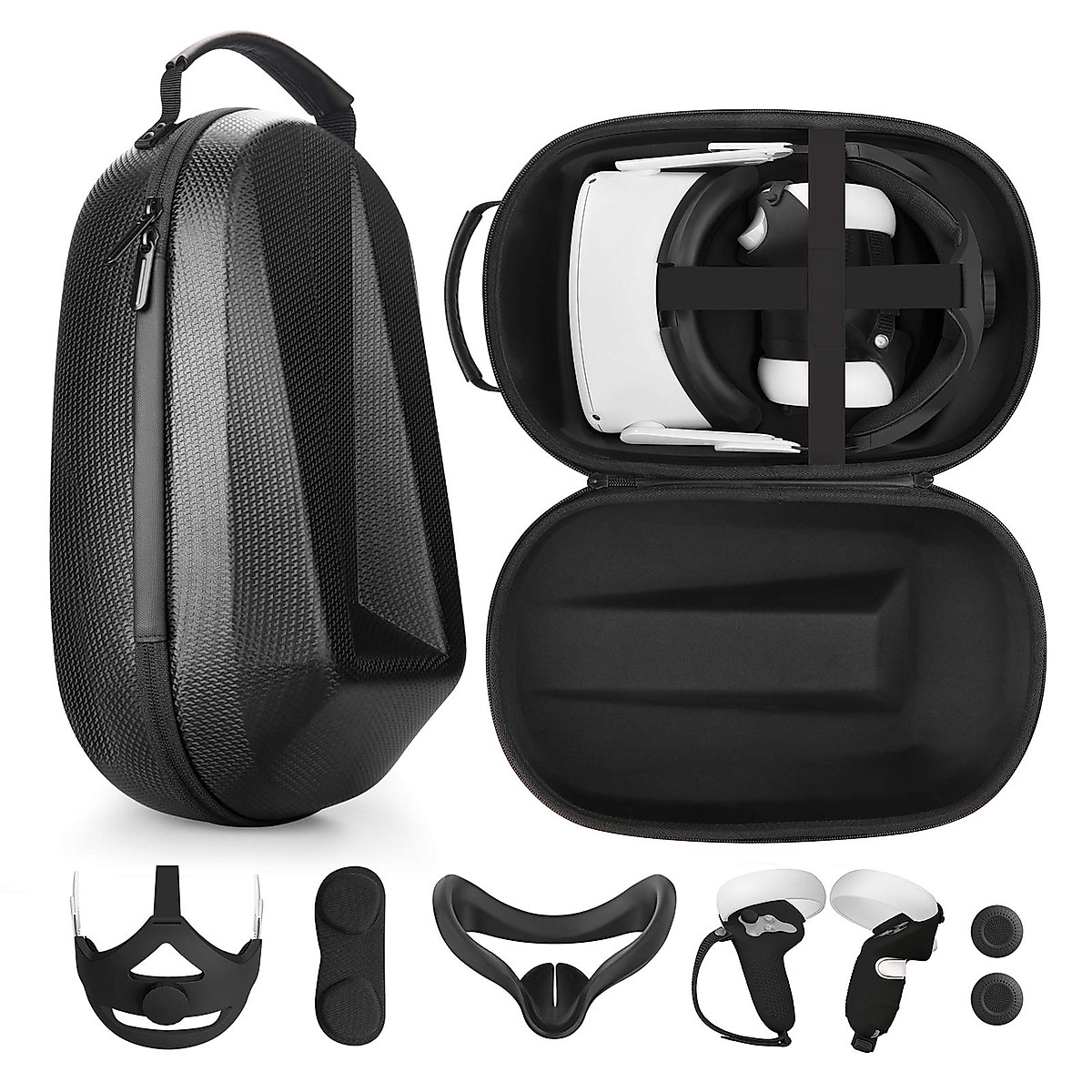 Esimen Carrying Case for Oculus Quest 2 with Head Strap - Hard Protection Case and Lightweight Travel Case with Starter Kit, Face Cover, and Silicone Controller Cover(Black Case Set Accessories)