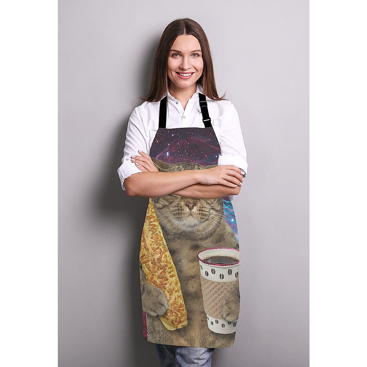 Lefolen Funny Galaxy Cat Adjustable Bib Apron, The cat is holding a cup of black coffee and a baguette Cooking Kitchen Apron for Men Women