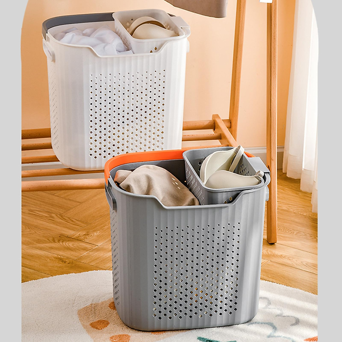 Set of Flexible Laundry Basket, Plastic Hamper for Clothes, Portable Basket with Handles, Multifunction Clothes Hamper for Home Hotel Dorm(Gray)