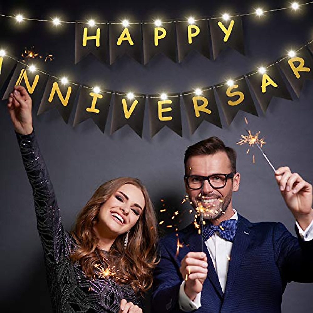 Happy Anniversary Banner Gold Foiled Sign Banner with LED Fairy String Light 8 Flicker Mode, Anniversary Party Decoration Photo Props for Anniversary Wedding Party Ceremony Decoration (Black)