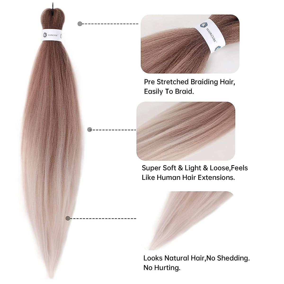 Pre-Stretched Braiding Hair Extensions 26 Inch 6 packs Ombre Braiding Hair Hot Water Setting Professional Soft Yaki Synthetic Crochet Braids（Ombre Brown）