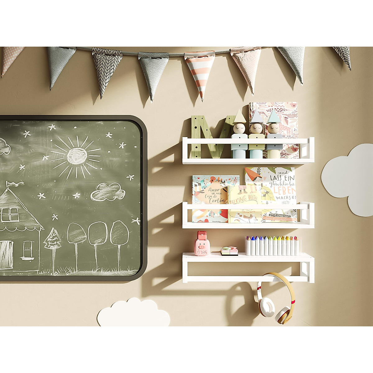 TidyCorner Upgraded Thick Floating Shelves - Multi-Use Wall-Mounted Bookshelves for Kids and Nursery, Ideal for Books, Toys, Spice Rack, Decor - White