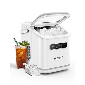 HiCOZY Countertop Ice Maker with Handle, Ice in 6Mins, 26 lbs/Day, Portable Ice Maker Machine with Self-Cleaning for Apartment/Under Cabinet/Kitchen/Office/Camping/RV/Home Bar（White）