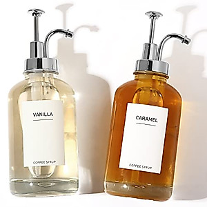 2 Pack 16.9OZ Coffee Syrup Dispenser for Coffee Bar with Labels and Silver Pump, 500ML Syrup Bottles for Home Bar, BPA Free & Durable Transparent Glass Syrup Dispenser Bottles