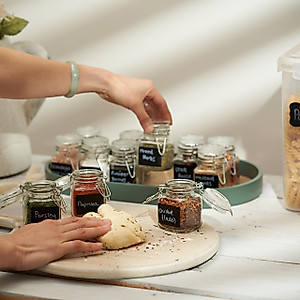 Oak & Steel 12 Pack 3.4oz Small Airtight Glass Spice Jars with Lids & Clip Top, 24 Labels & Chalk Pen - Square Bottles, Herb Jars, Mason Jars, Seasoning Containers