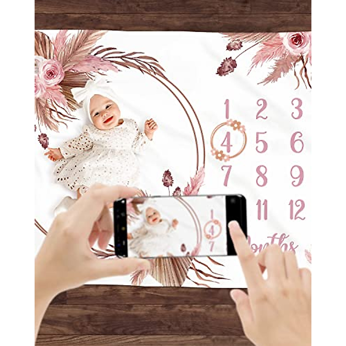 Eunikroko Floral Boho Baby Monthly Milestone Blanket Little Girl Bohemian Photo Prop Blanket Pampas Grass Ideas for Newborn Princess Pink Nursery Décor 40" X 50"
