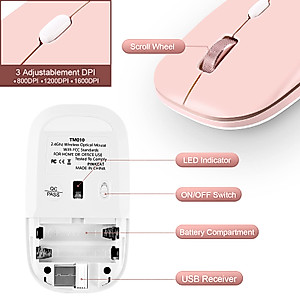PINKCAT Wireless Flat Mouse, 2.4G Optical Mouse, Computer Mouse for Laptop, PC, Computer, Chromebook, Notebook, Especially Designed for Computer Bags (Pink)