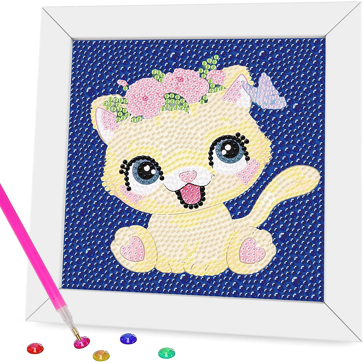 Miairivy Diamond Painting for Kids, 5D Animal Diamond Art Mini Small Kit(with Wooden Frame), DIY Cute Cat Big Gem Painting Set, Paint by Diamonds Crafts for Girls Boys Ages 4-12