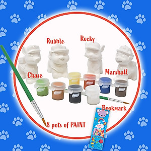 Gift Boutique Paint Your Own Paw Patrol Figurines, Paintable Art Craft Set for Kids Includes Decorating Paw Figures Marshall Rubble Chase and Rocky, 8 Pots of Paint, Paint Brush and Bookmark