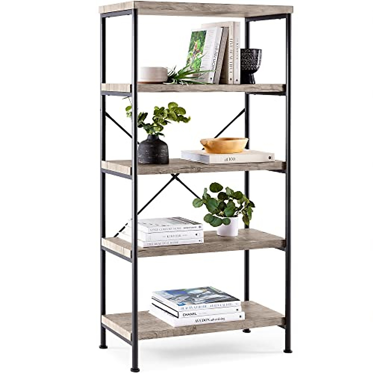 Best Choice Products 5-Tier Rustic Industrial Bookshelf Display Décor Accent for Living Room, Bedroom, Office w/Metal Frame, Wood Shelves - Gray