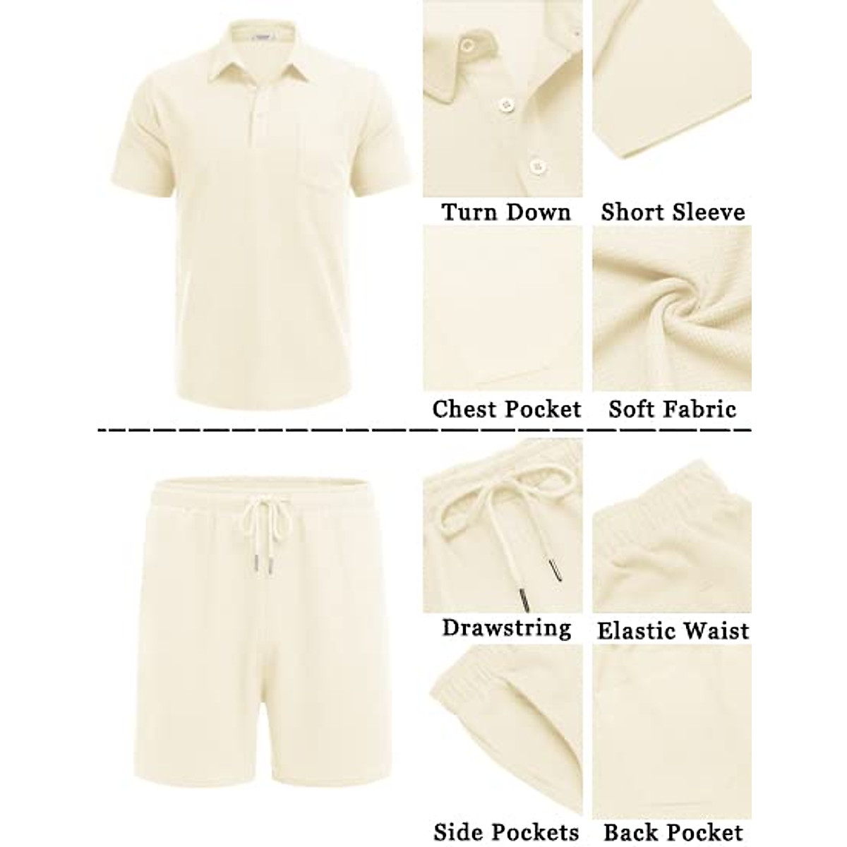 COOFANDY Men's Waffle Knit Polo Shirt and Shorts Set 2 Pieces Outfits Summer Suit Casual Tracksuit with Pockets