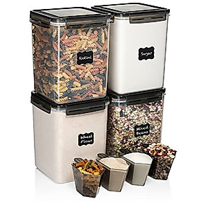 WHITE FEATHER SUPPLIES 4 PC [5.2L / 175 Oz] Large Airtight Food Storage Containers with Lids - Leakproof BPA Free Plastic Kitchen & Pantry Organization for Sugar, Flour & Rice + 4 Measuring Cups
