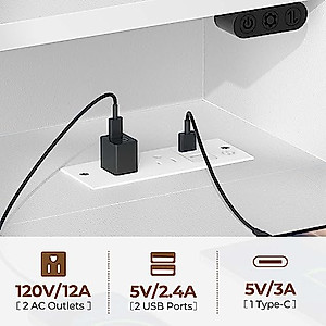 Rolanstar Computer Desk 55" with LED Lights & Power Outlets, Home Office Desk with Monitor Shelf, Gaming Desk, Writing Desk, Study Desk for Student & Kids, White