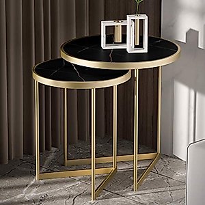 Modern Round Nesting Coffee Table Set with 2 Side Tables, Metal Frame Slate Table Top Sofa Corner Table, Simple Decoration Table for Living Room Bedroom and Balcony